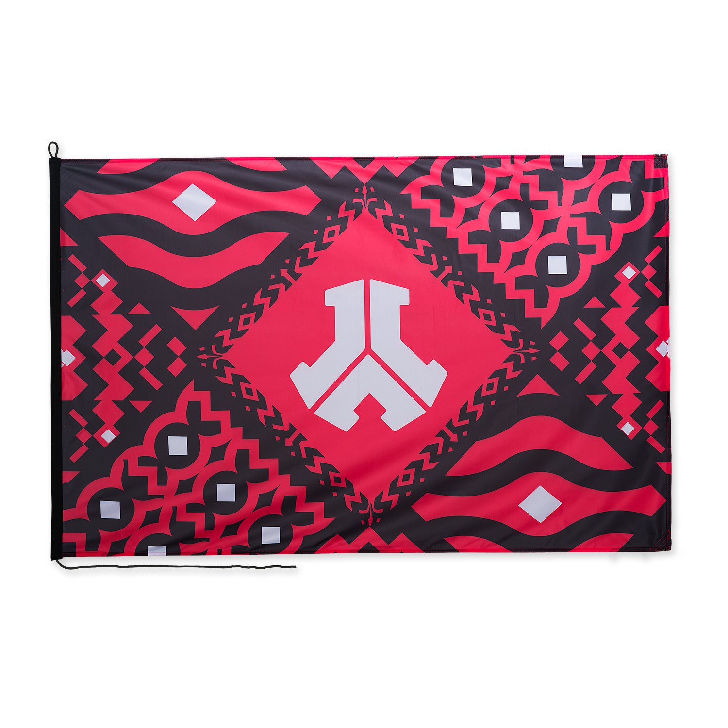 Defqon.1 Flag – Red & Black Tribal Pattern with Centered Logo